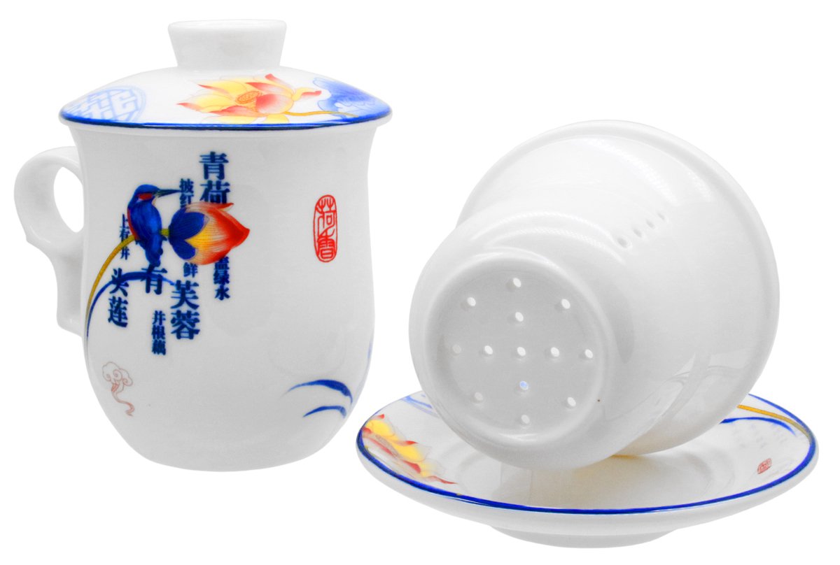 Ameolela Porcelain Tea Cup with Infuser Lid and Saucer Sets - Chinese Jingdezhen Ceramics Coffee Mug Teacup Loose Leaf Tea Brewing System for Home Office