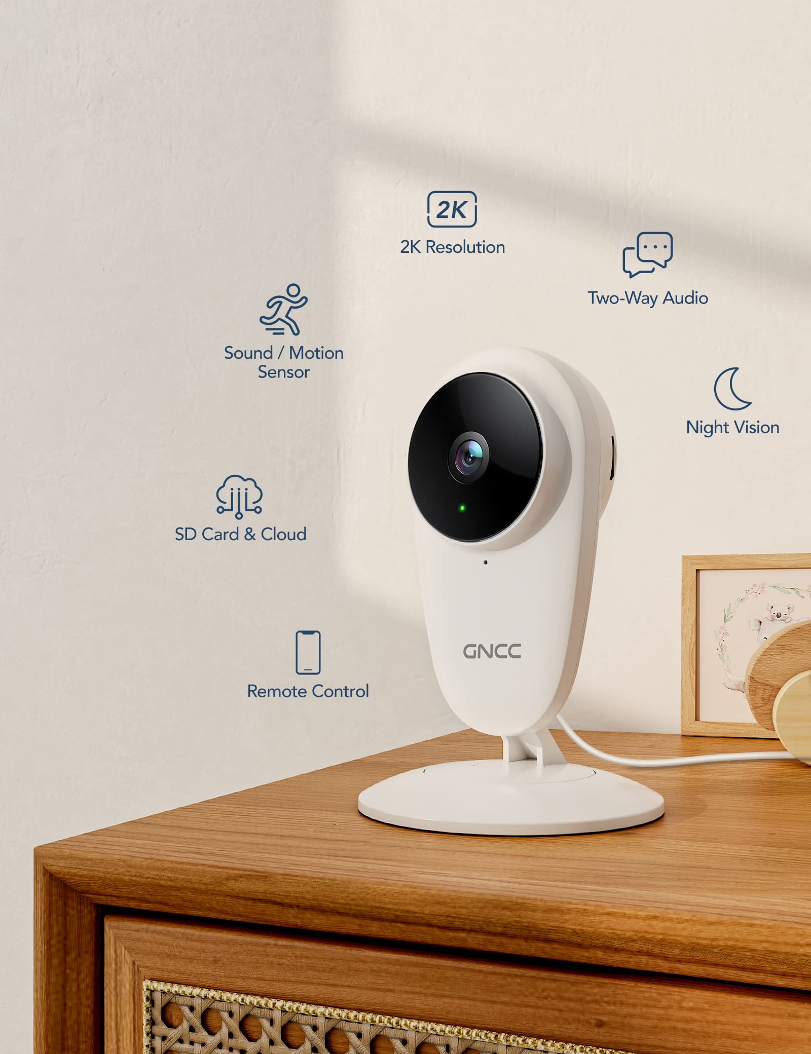 GNCC Baby Monitor with Camera and Night Vision, 1080P Baby Camera Monitor,Indoor Camera with Two Way Audio, 2.4G WiFi Smartphone Control, Motion/Sound Detection, SD&Cloud Storage, C1