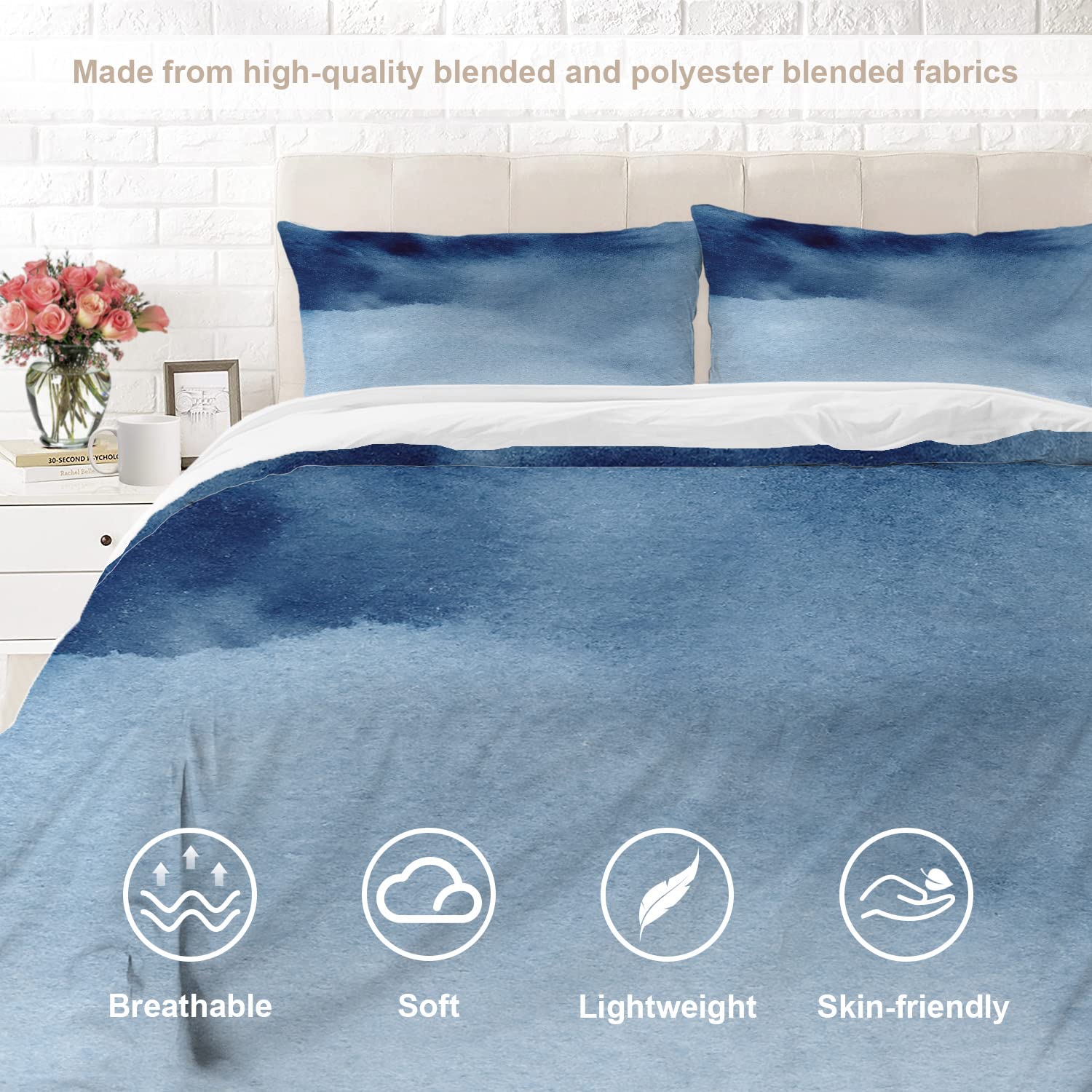 BaoNews Blue Grey Watercolor Ombre Blue Duvet Cover Set King Size,3 Pieces Bedding Set Hotel Quality 100% Cotton Comforter Cover Set with 2 Pillowcases(No Filler)