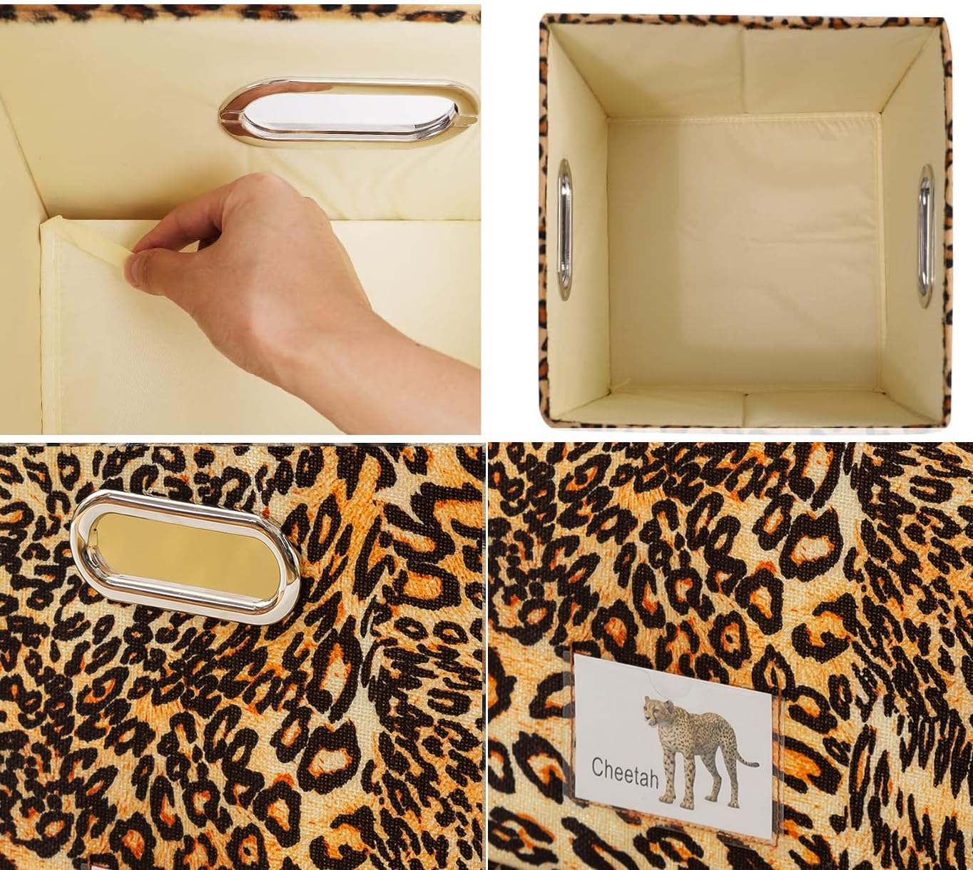 BeigeSwan Foldable Animal Leopard [Set of 4] Cube Storage Bins, Collapsible Fabric Organizer Container Boxes w/ Handles – 11 x 11 x 11 Inches