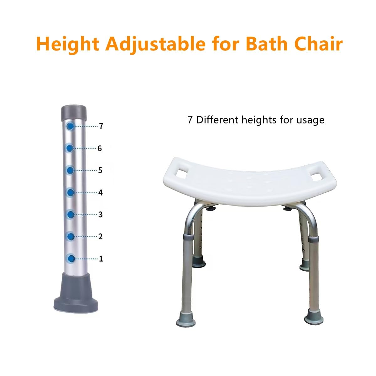 Bath Shower Safety Chair Seat with Bath Brush, Adjustable and Anti-Slip Bench Bathtub Stool for Elderly or Seniors (WhiteShowerChair-BathBrush)