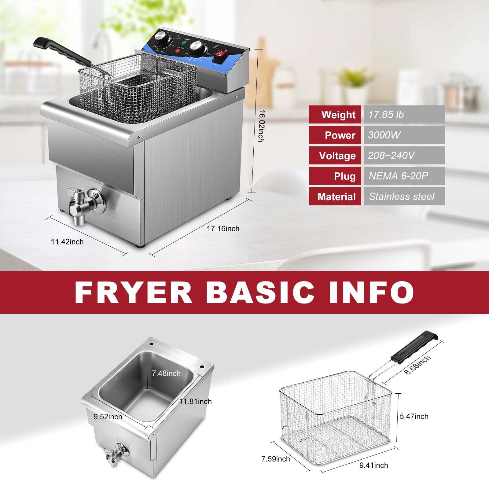 AiedCom 8L/8.45QT Commercial Electric Deep Fryer with Basket & Lid, Stainless Steel Kitchen Countertop Frying Machine with Drain for Home Kitchen, Restaurant, Delis, 3000 Watts 208~240V