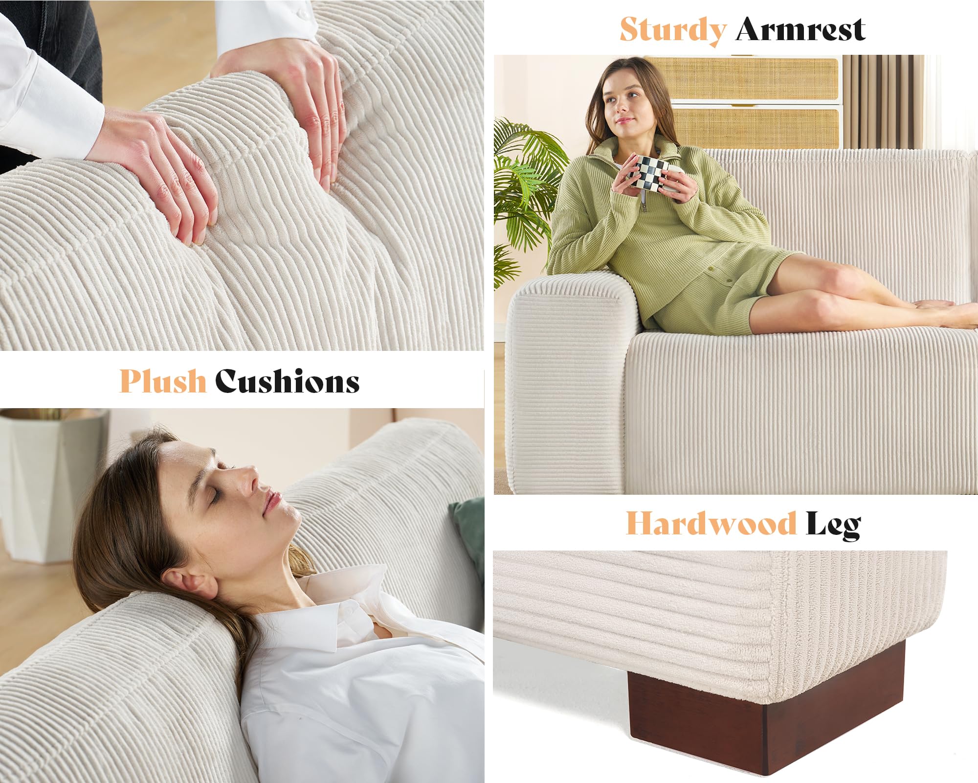 AMERLIFE Sofa, 89 inch Oversized Couch with Thick Armrest, Comfy Sofa Couch for Living Room-3 Seater Sofa in White Corduroy