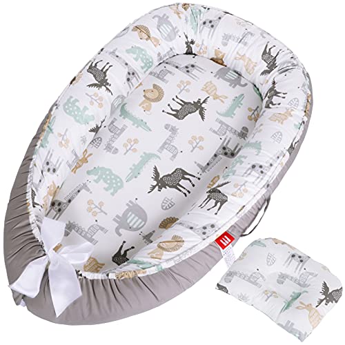 Go2bedroom Baby Lounger Cover Baby Nest Cover for Newborn Baby Co Sleeping Sleeper Breathable Baby Bed Cover for Traveling Infant Portable Crib Bassinet Thicken Ultra Soft Baby Nest (AA-Animals)
