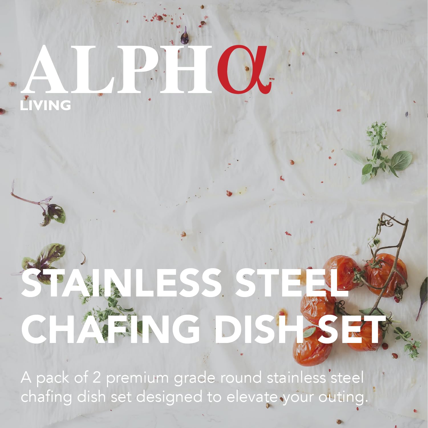 ALPHA LIVING 70012-R Dish Set of 2 β Complete Stainless Steel Chaffe Set with Glass Lids, Chafing Fuel Holder β Elegant and Practical Warmer Trays for Buffet, Wedding, Catering Supplies