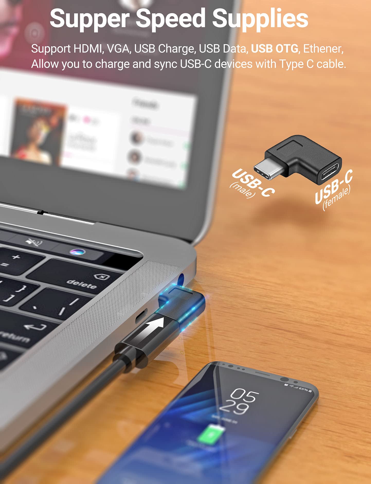 URWOOW USB C Right Angle Adapter,90 Degree USB C to USB Type-C Male to Female Adapter Convertor Extension, for Laptop & Tablet & Mobile Phone (2 Pack).