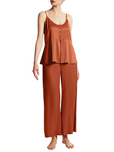 AW BRIDAL Satin Pajamas Set Sexy Silk Sleeveless Pjs Set Soft Camisole Tops and Pants 2 Pieces Sleepwear for Women Bride, Burnt Orange L