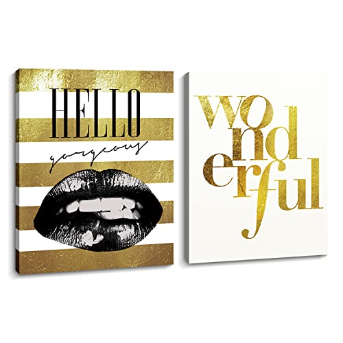Creoate Fashion Women Wall Art 2 Pieces Lips Picture Canva Print Artwork Framed Set Black Gold Wall Decor for Girls Bedroom (Multi)…