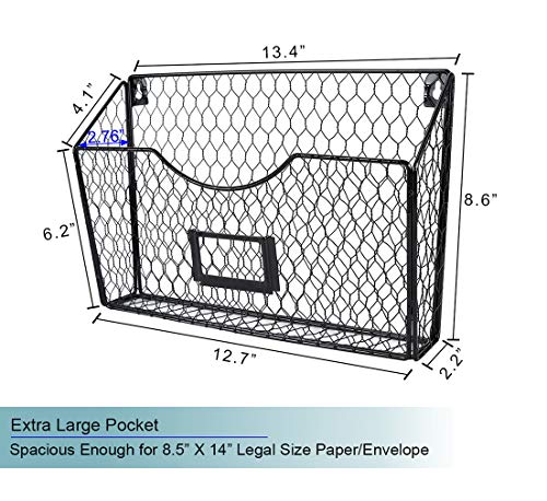 PAG 3 Pockets Hanging File Holder Wall Mount Mail Organizer Metal Chicken Wire Magazine Rack with Tag Slot, Black