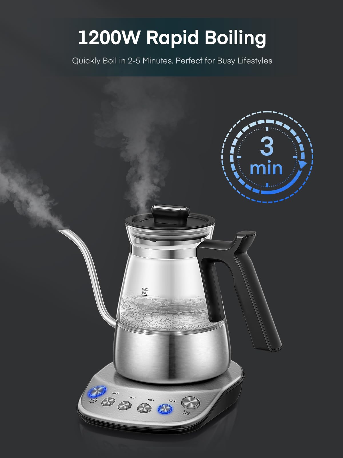 Aiheal Electric Gooseneck Kettle, Glass Electric Tea Kettle with 4 Temperature Control Presets and Keep Warm Function, Pour Over Kettle for Coffee and Tea, Hot Water Boiler, Quick Heating, 1200W/0.8L