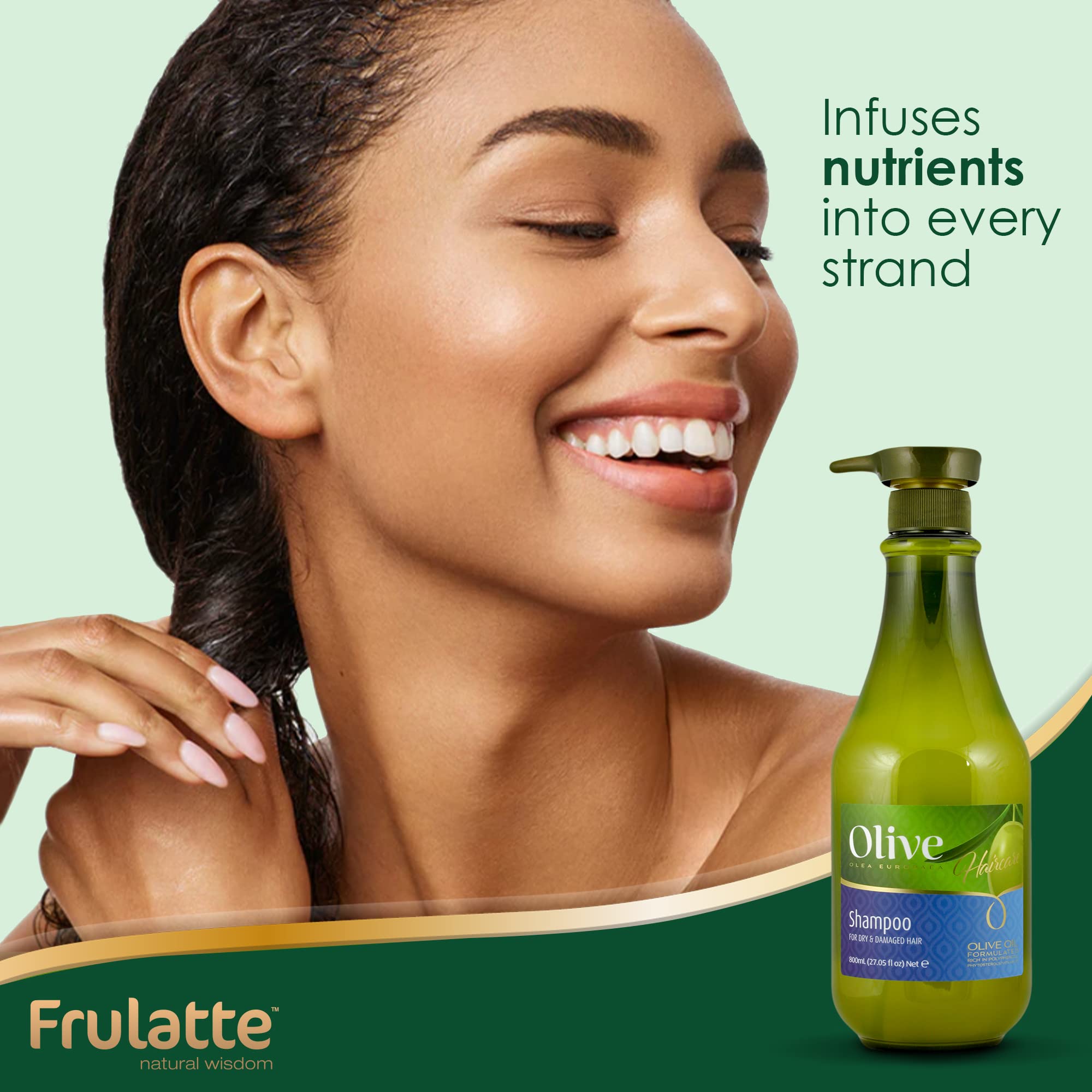 Frulatte Olive Shampoo with Organic Olive Oil | Rich in Vitamins A, D & E Hydrating Shampoo for Dry Damaged Hair | Paraben Free Shampoo | Natural & Deep Cleansing Hair Shampoo, 27 fl oz