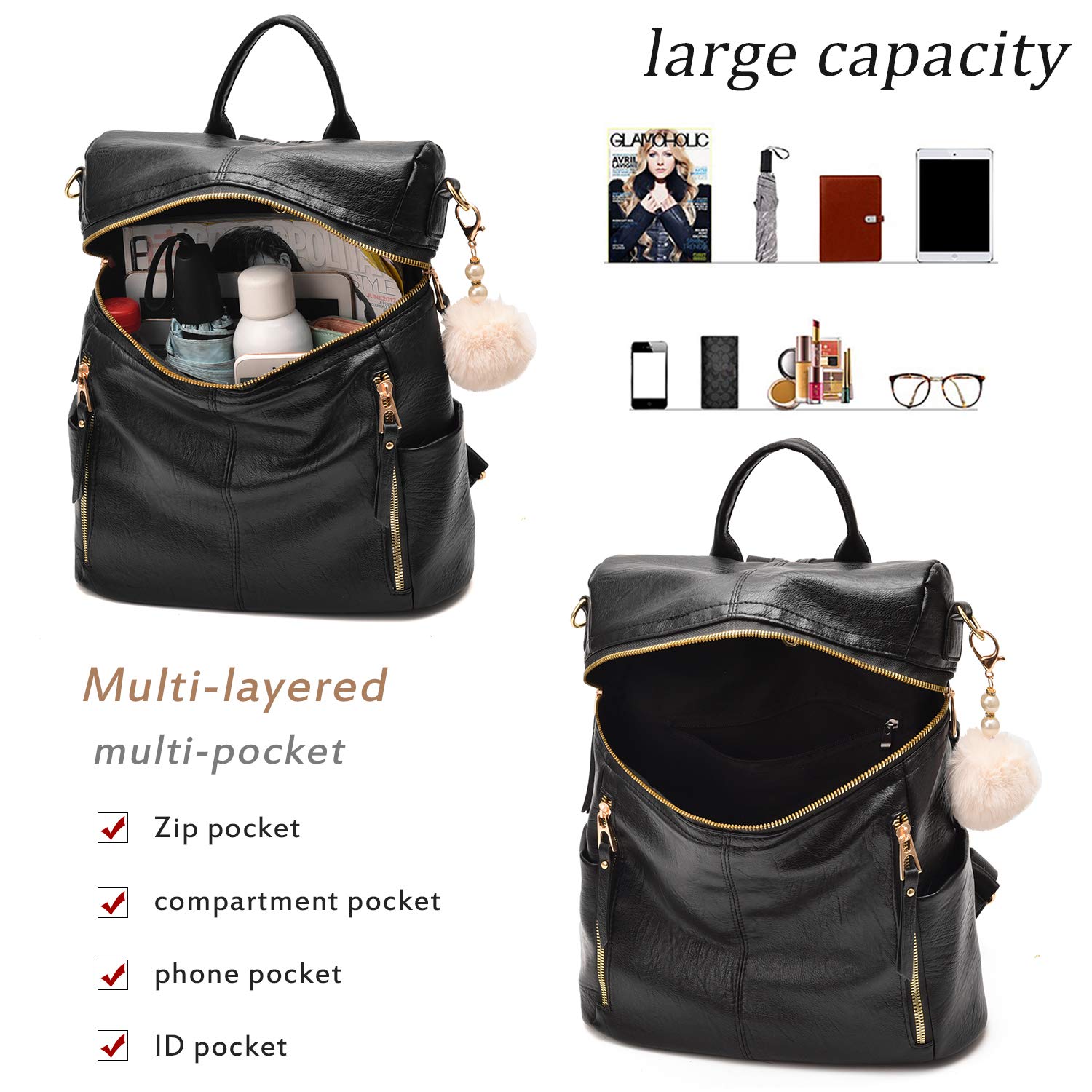 BAG WIZARD Designer Leather Backpack Purse Multifunctional Ladies Backpacks Solid Shoulder Headphone Plug Bags for Womens Book Bags (Retro-Brown)