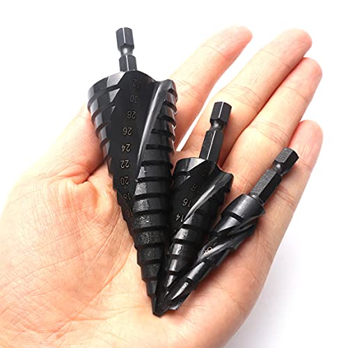 ATOPLEE Step Drill Bit, 3pcs 6mm Hex Shank HSS Nitriding Black Spiral Fluted Unibit Step Bit for Hole Drilling in Metal, Copper, Aluminum,Wood,Plastic,Sizes 4-12mm/4-20mm/4-32mm