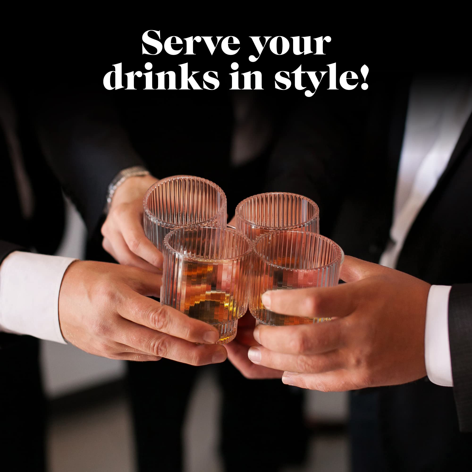 American Atelier Vintage Art Deco Fluted Drinking Glasses | Ribbed Glassware for Cocktail, Gin, Whiskey, & More | Modern Glassware | Lowball Fluted Cocktail Glasses | Set of 4 | 9 Oz (Clear)