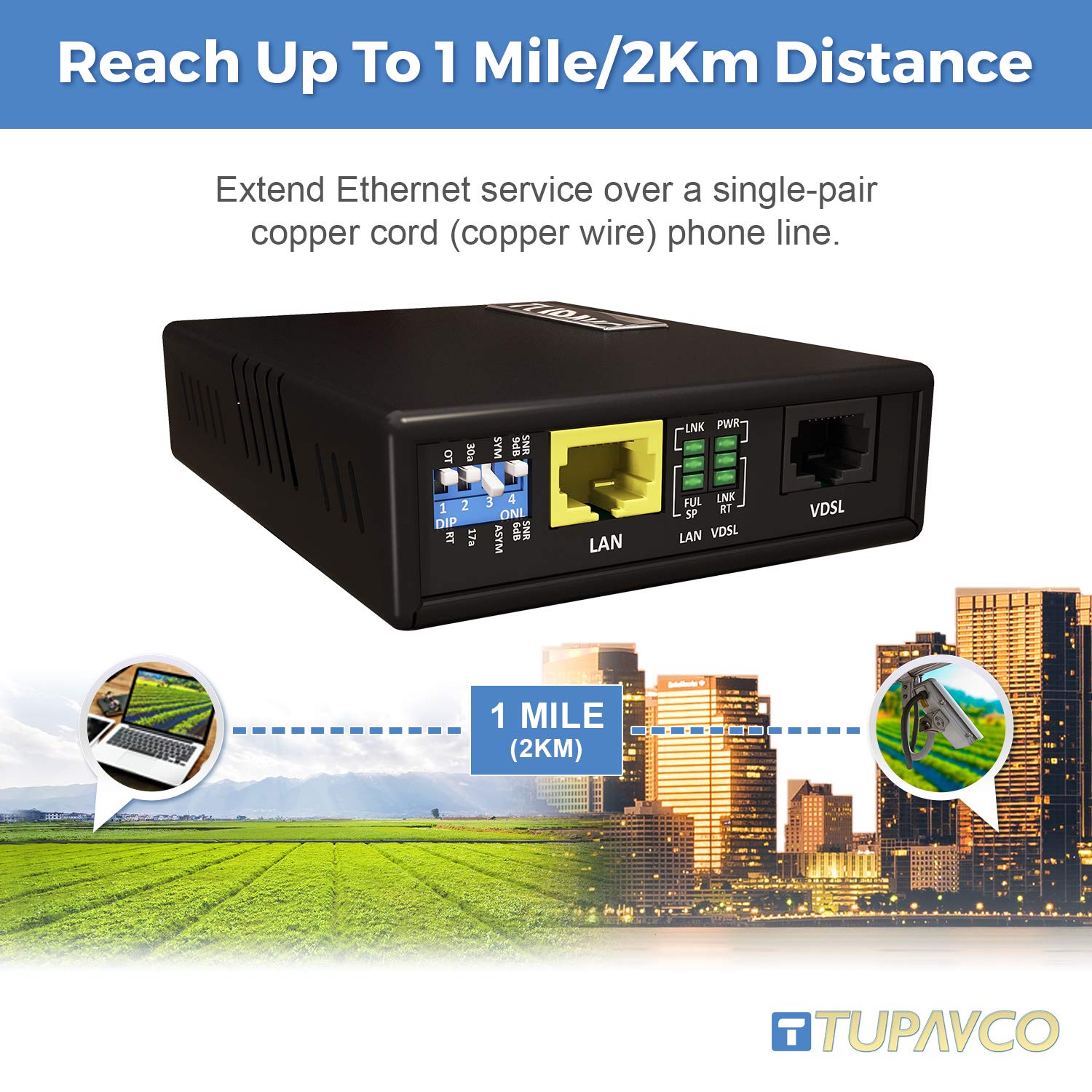 Ethernet Extender Kit Tupavco TEX-100 Over Phone Line or CAT5/CAT6 Cable Range up to 7000ft (Pair of 2pc) LAN Network Extension over Twisted Copper Wire or RJ45 -VDSL Broadband Repeater Booster Bridge