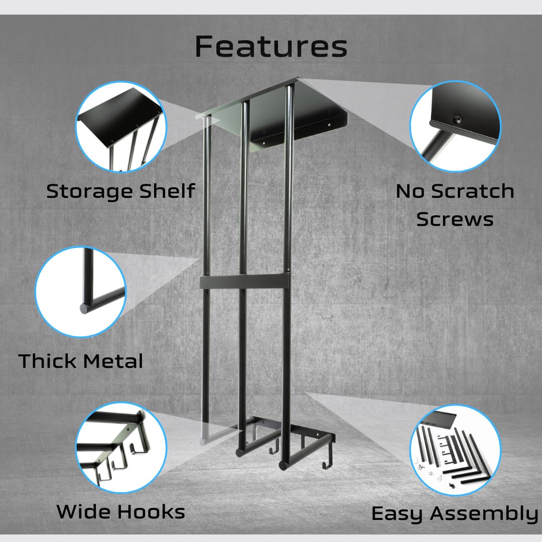Bagulet Camping Chair Wall Storage for Garage, Metal Rack Organizer with Floating Shelf and 4 Utility Hooks, Stainless Steel Mount Holder System for Umbrella Yoga Mat Folding Beach Seats, Black