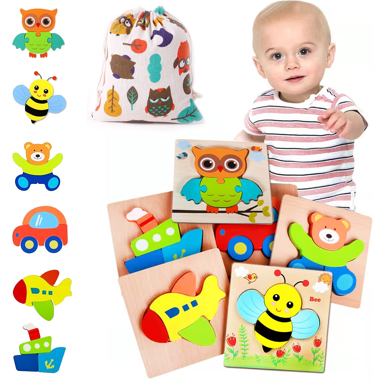 DuLaSeed Wooden Puzzles Toys for 1 2 3 Year Old Boys Girls Toddlers, 6 Packs Jigsaw Puzzles Montessori Toys with Storage Bag, Learning Educational Toy for Baby Kids Child in Christmas Birthday