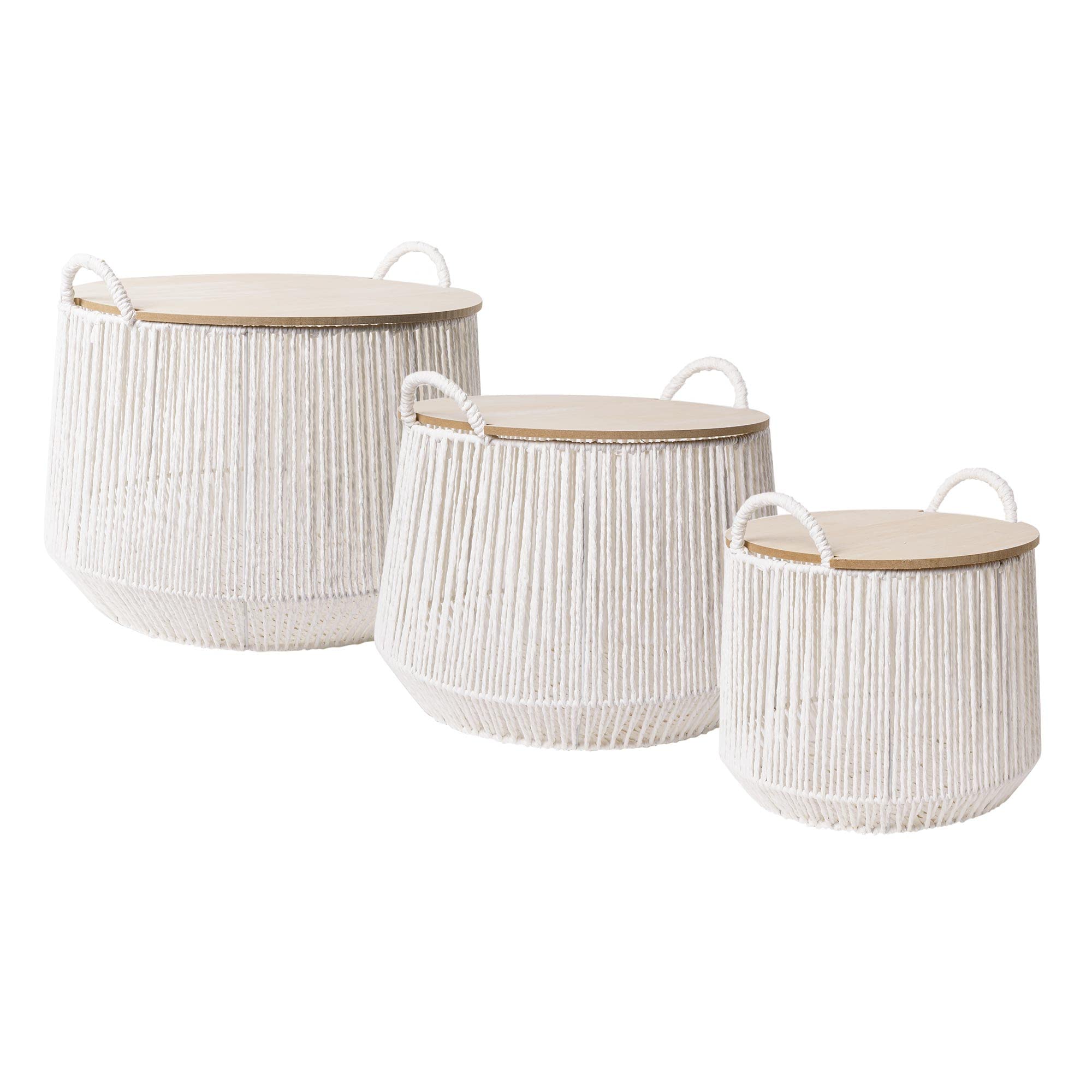 American Art Decor Boho White and Natural Paper Rope Woven Storage Baskets with Wooden Lids Set of 3, Round Decorative Organizer Bin for Laundry, Clothes, Blankets, Toys