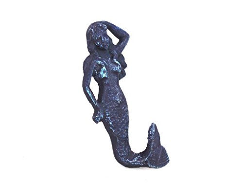 Handcrafted Nautical Decor Rustic Dark Blue Cast Iron Mermaid Hook 6" - Cast Iron Decoration - Antique Vin