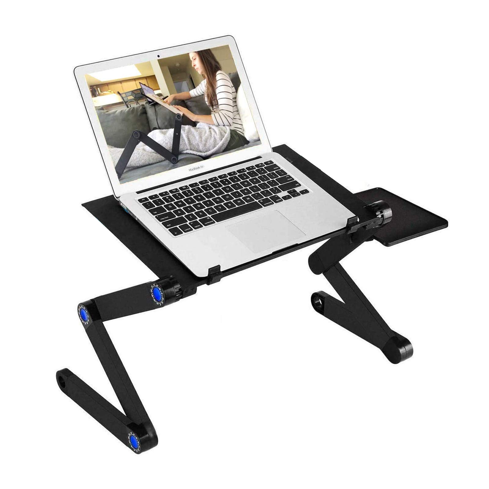 Adjustable Laptop Stand, RAINBEAN Laptop Desk with 2 CPU Cooling USB Fans for Bed Aluminum Lap Workstation Desk with Mouse Pad, Foldable Cook Book Stand Notebook Holder Sofa, Bed Table Office Tray