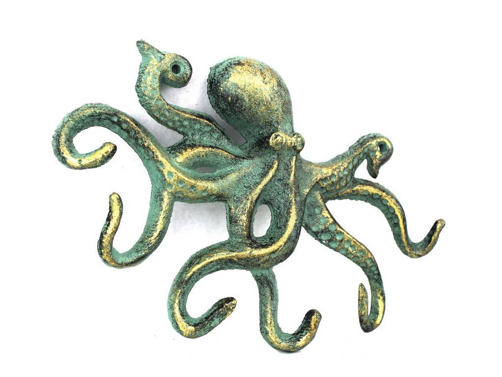 Handcrafted Nautical Decor Antique Bronze Cast Iron Octopus Hook 11" - Decorative Hook - Sealife Metal Wal