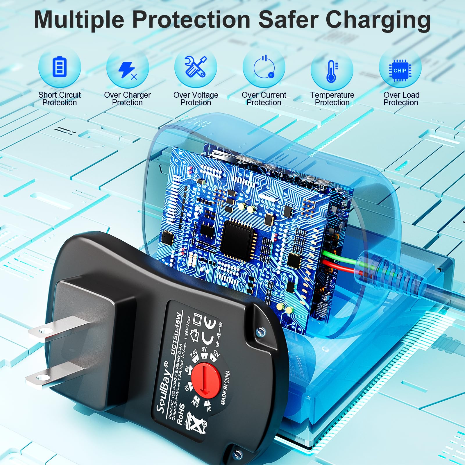 SoulBay 15W Universal AC Adapter 3V 4.5V 5V 6V 7.5V 9V 1500mA 12V 1250mA DC Switching Power Supply for CCTV Security IP Camera Keyboard Speaker Router Household Electronics, 12W Compatible