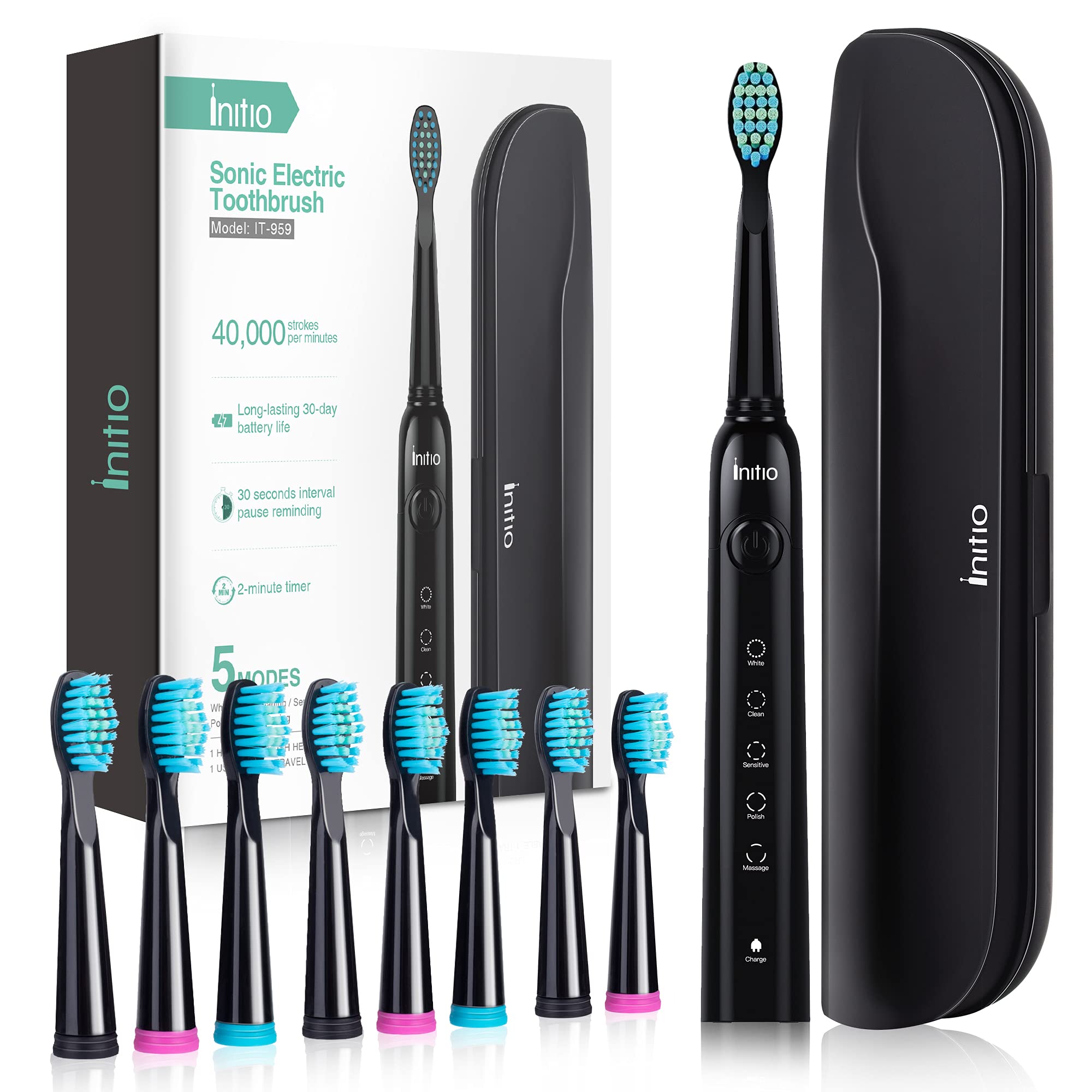Initio Sonic Electric Toothbrush for Adults, 5 Modes with Smart Timer, 8 Brush Heads & Travel Case Included, Rechargeable Toothbrush, Oral Care Whitening Toothbrush, IT959