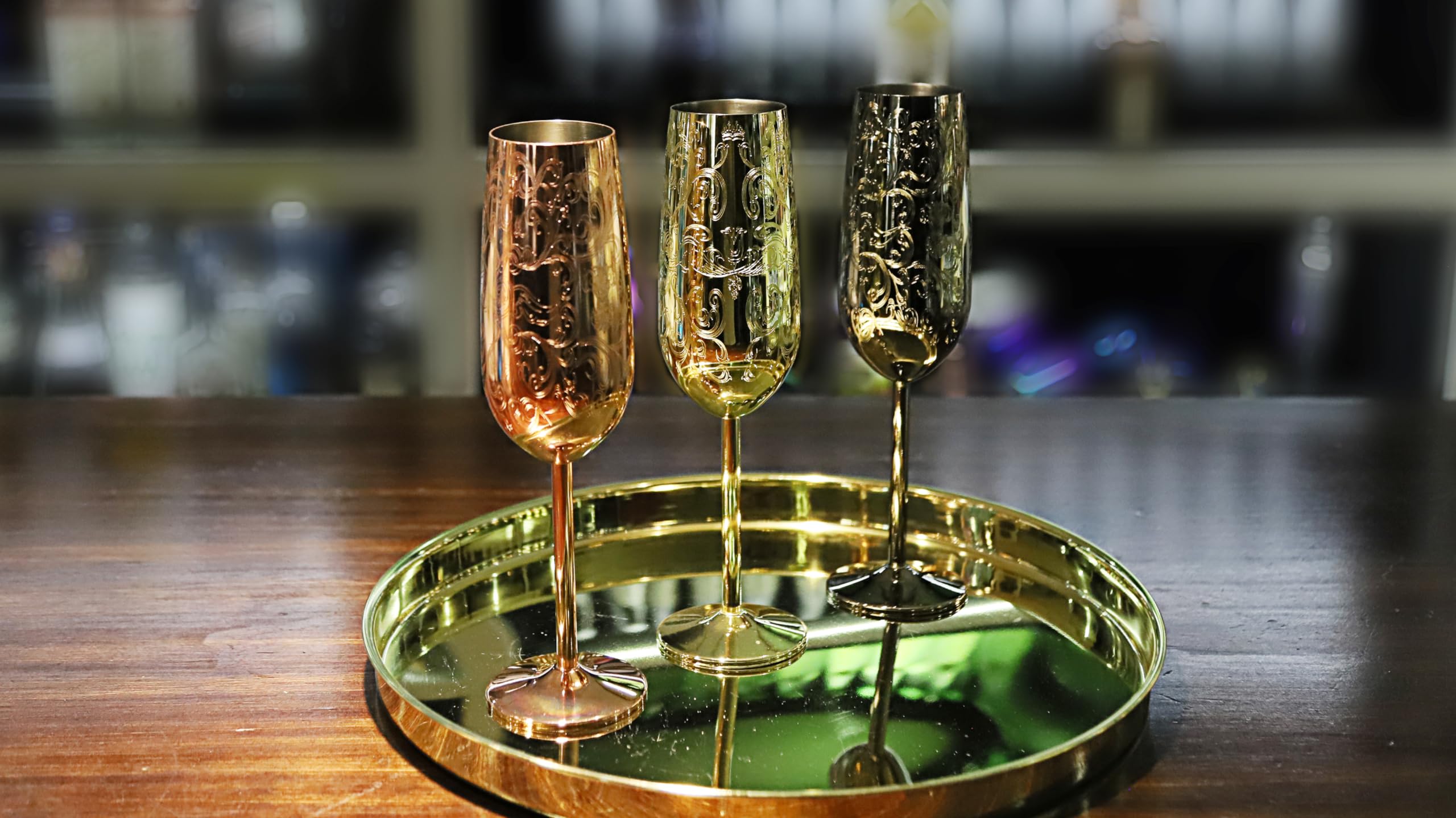 Sky Fish Etching Stainless Steel Champagne Flutes Glass Set of 2, 200ML champagne glasses wedding set for Wedding,Parties and Anniversary (Black Plated)