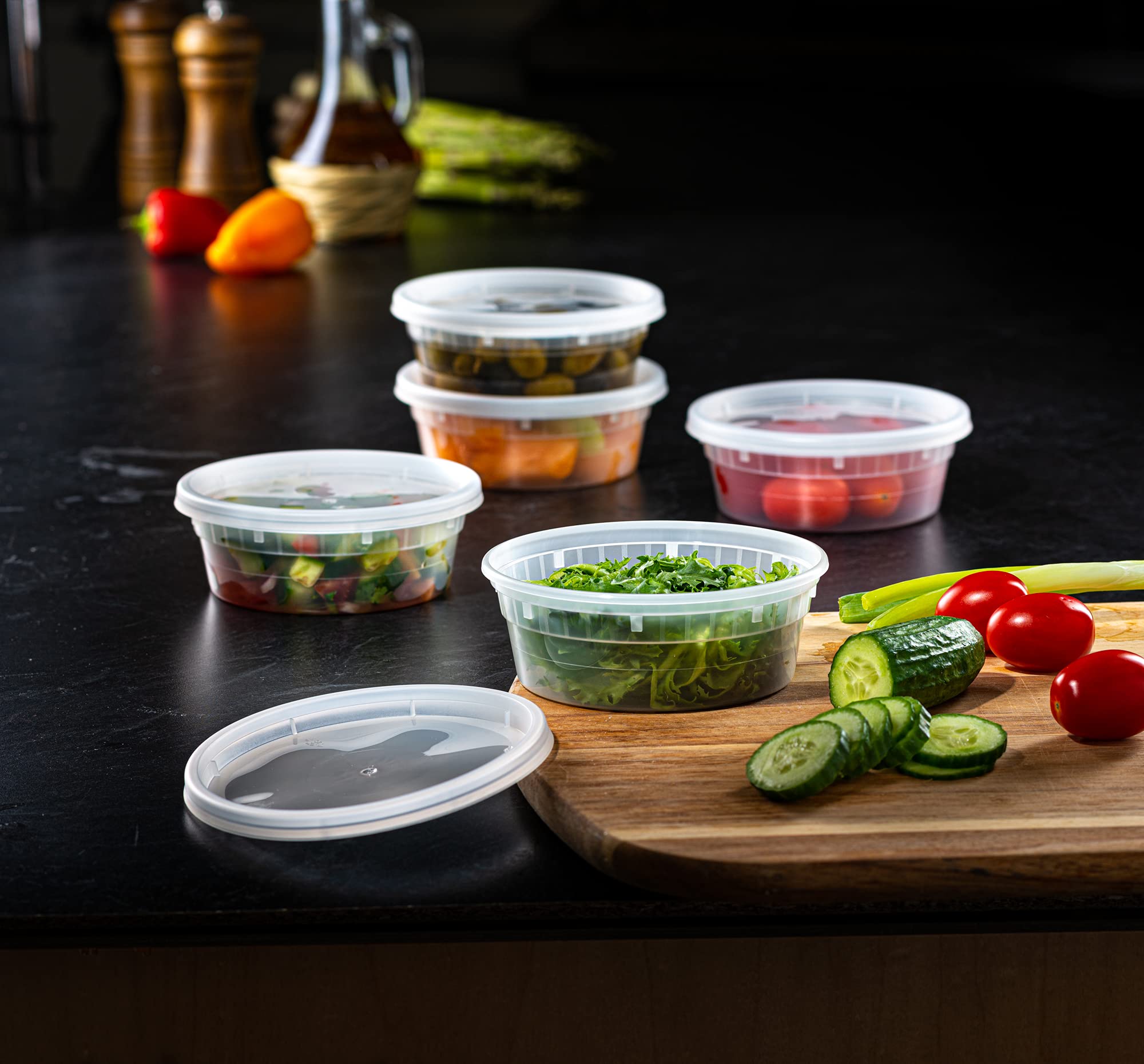 Pantry Value 8 oz. Plastic Deli Food Storage Containers with Airtight Lids [48 Sets]