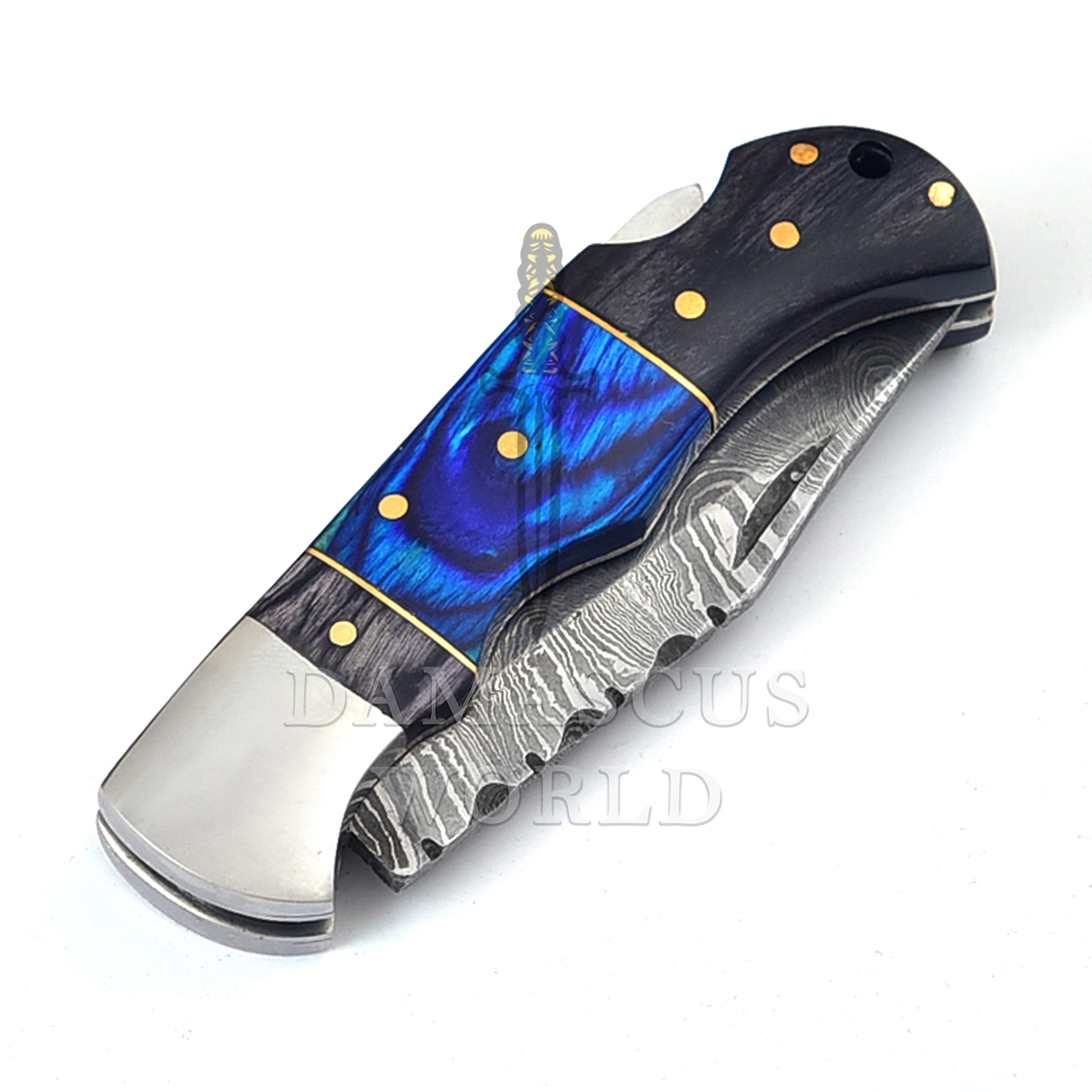 AHAFR DW-995-FLD 6.5 Inch 100% Handmade Damascus Folding Knife for Men - Folding Hunting Knife with Back Lock Leather Sheath & Knife Sharpener (Black Pakka Wood)