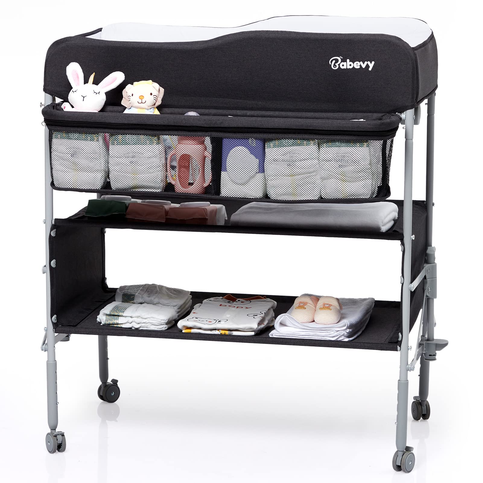 Babevy Portable Baby Changing Table, Foldable Changing Table Dresser Changing Station for Infant, Waterproof Diaper Changing Table Pad Topper, Mobile Nursery Organizer for Newborn Essentials, Black