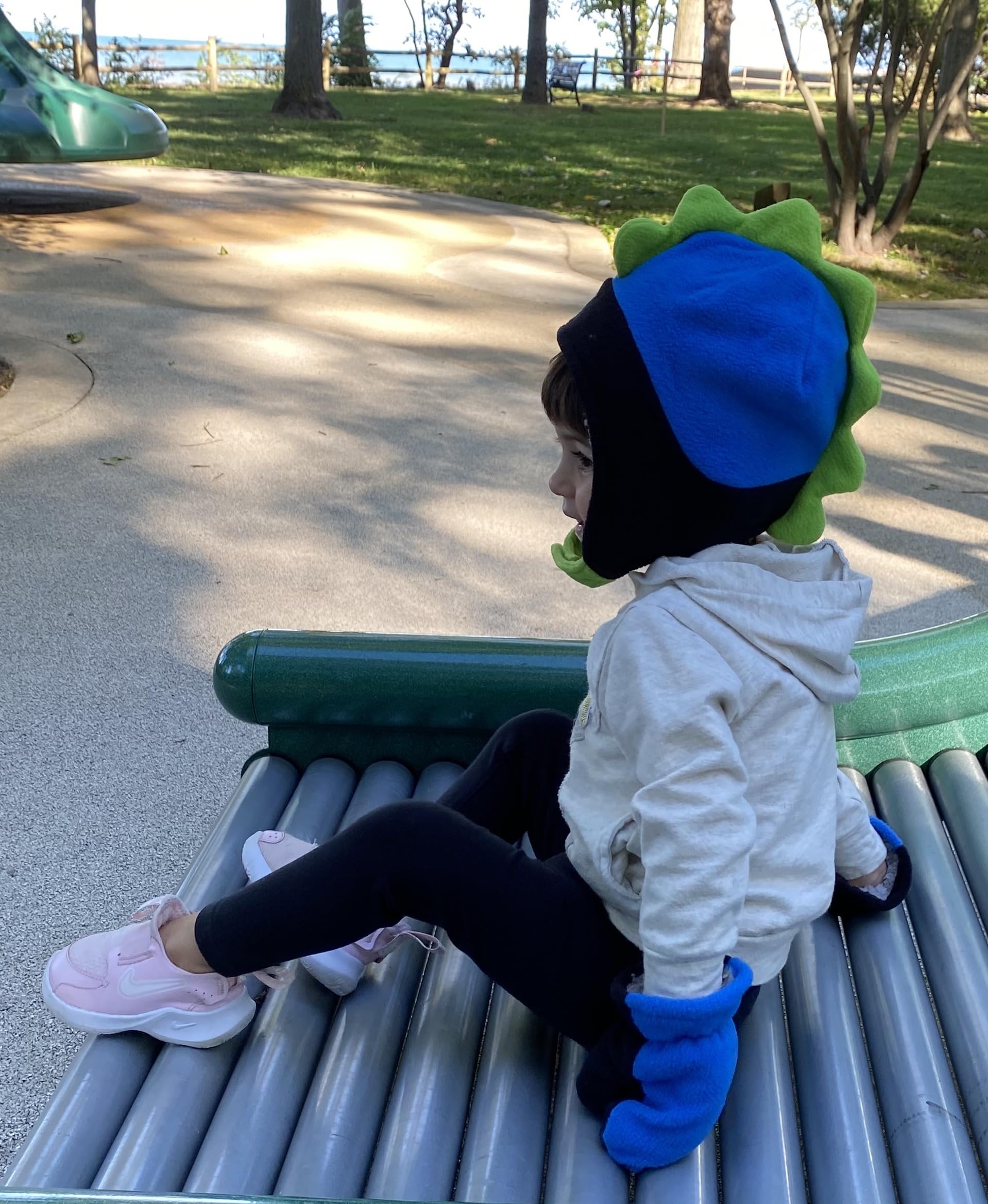 N'Ice Caps Toddler Baby Hat Mitten Set Boys Dino Fleece Gloves Warm Sherpa Lined (4-7 Years, Black/Royal/Neon Green Dino)