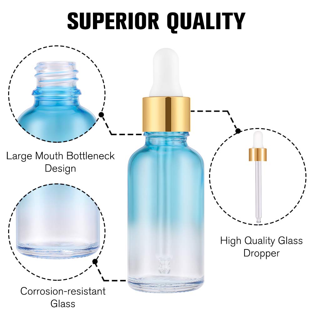 PrettyCare Eye Dropper Bottles 1oz (Rainbow Colored Glass Bottle 24 Pack 30ml with Golden Caps, 48 Labels, Funnel & Measured Pipettes) Empty Tincture Bottles for Essential Oils, Perfume