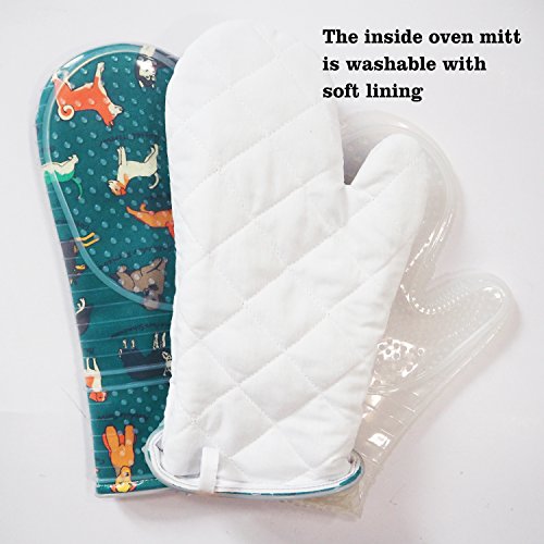 Oven Mitts Set of 2 with Transparent Clear Silicone Shell and Nice Dog Printing Cotton Lining, Heat Resistant to 500 F Kitchen Oven Gloves Pot Holder for Cooking (Blue)