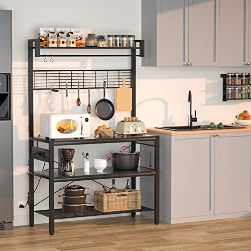 Bakers Rack with Power Outlet, 4-Tier Microwave Oven Stand, Coffee Bar Station with 10 Hooks, Large Kitchen Storage Shelf with Hutch, Black