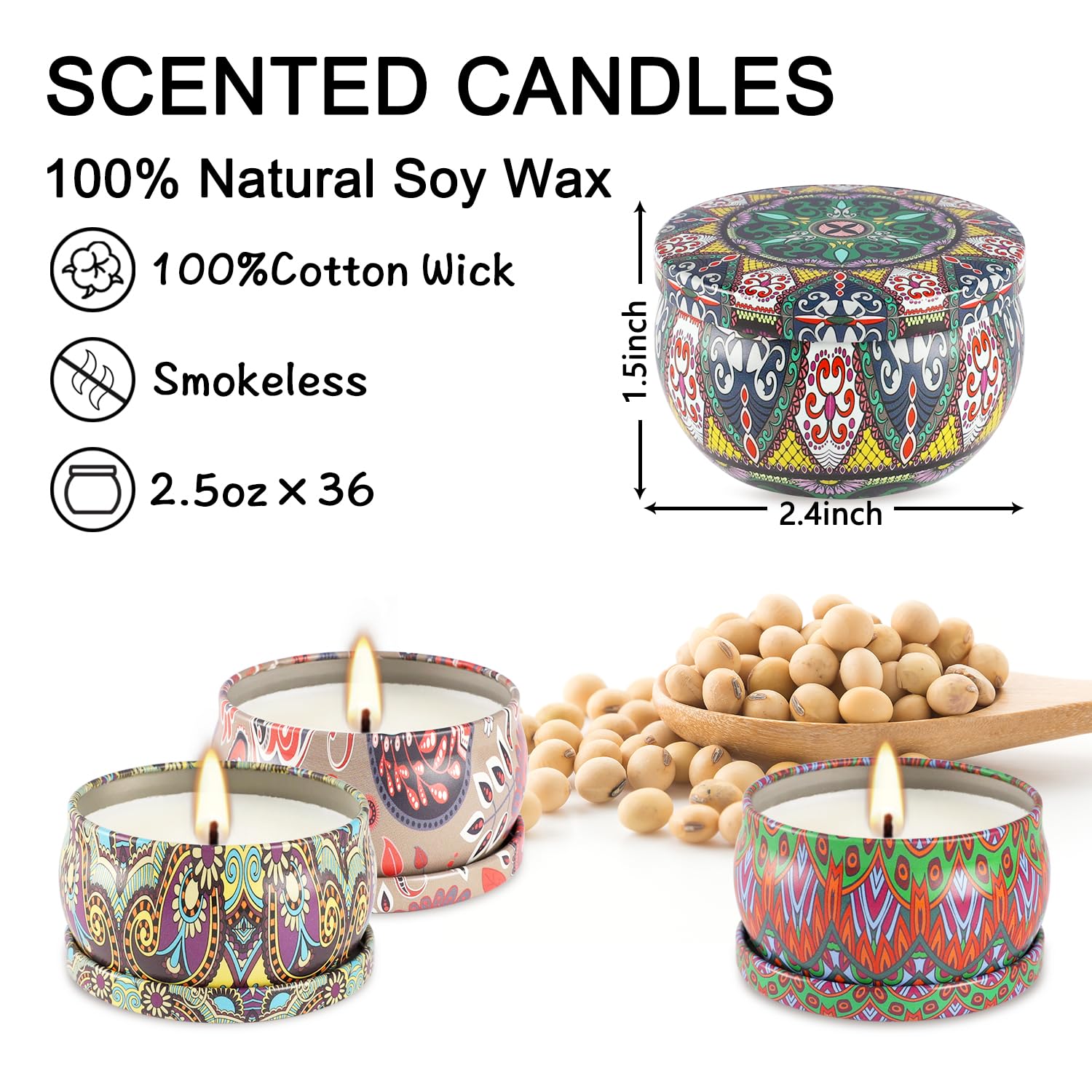 Bauhinia Scented Candles Soy Wax Tin Candles, Natural Fragrance Candles for Stress Relief and Aromatherapy Candles-36 Pack