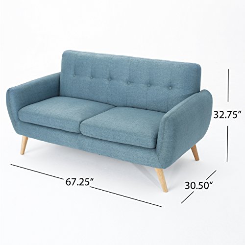 Christopher Knight Home Josephine Mid-Century Modern Petite Fabric Sofa, Blue/Natural & Ippolito Fabric Pillows, 2-Pcs Set, White and Blue Floral