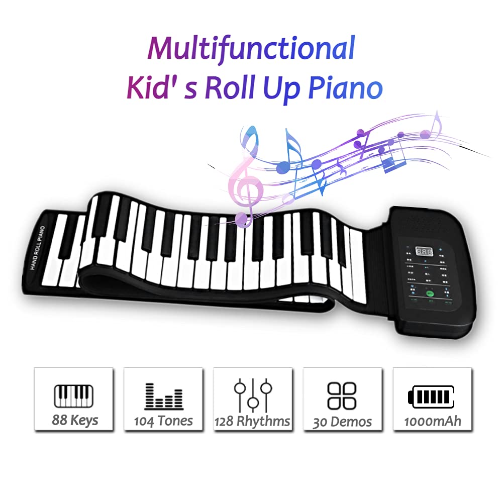 88 Keys Roll Up Piano, Soft Silicone Electronic Music Folding Piano Keyboard, 140 Tones and 128 Rhythms, Built in Stereo Loudspeaker, for Kids and Adults