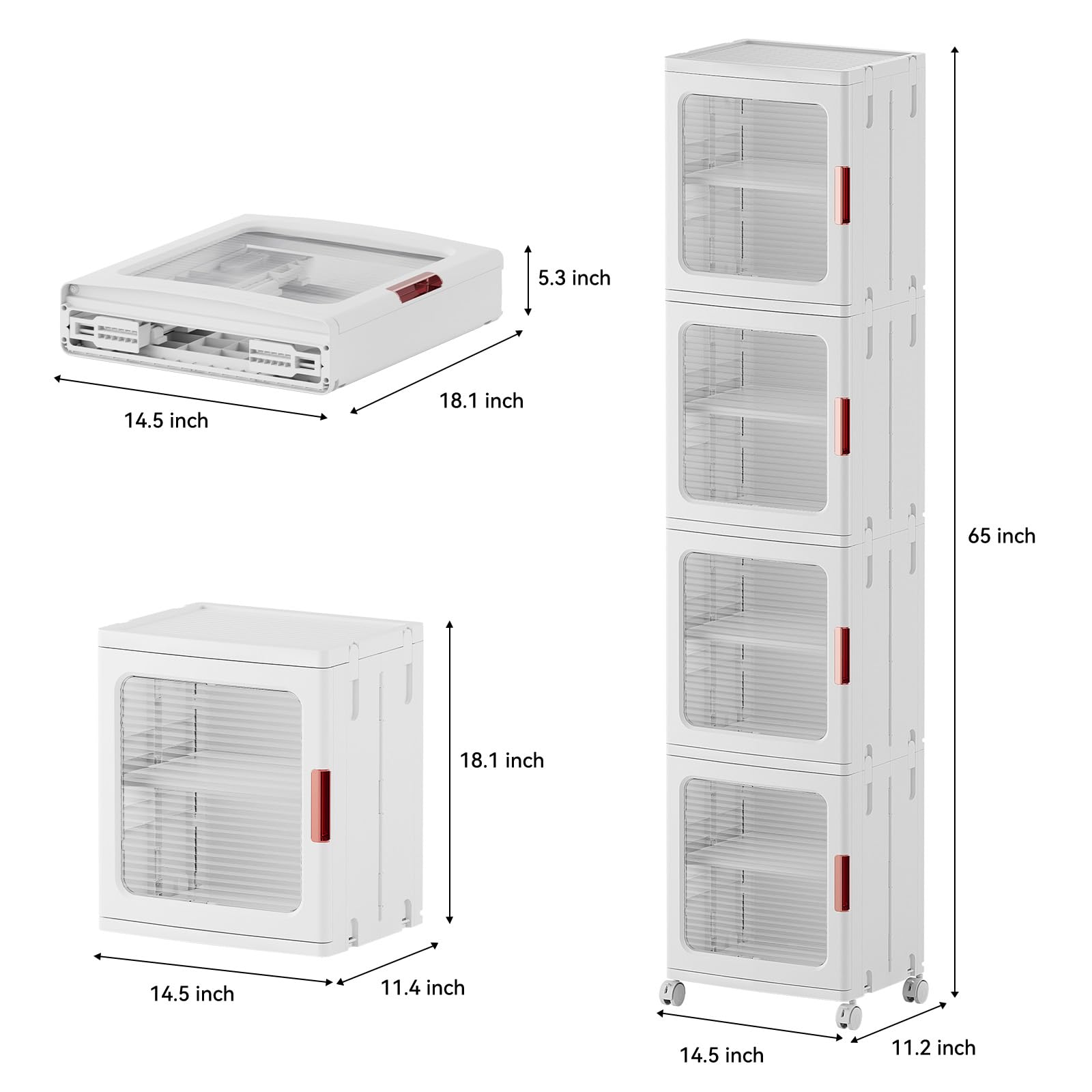 GONGQIN Stackable Storage Bins 11 Gal, Plastic Foldable Storage Box for Collapsible Room Clothes Organizers and Storage, Wheeled Storage Book Containers for Organizing (4 Pack)