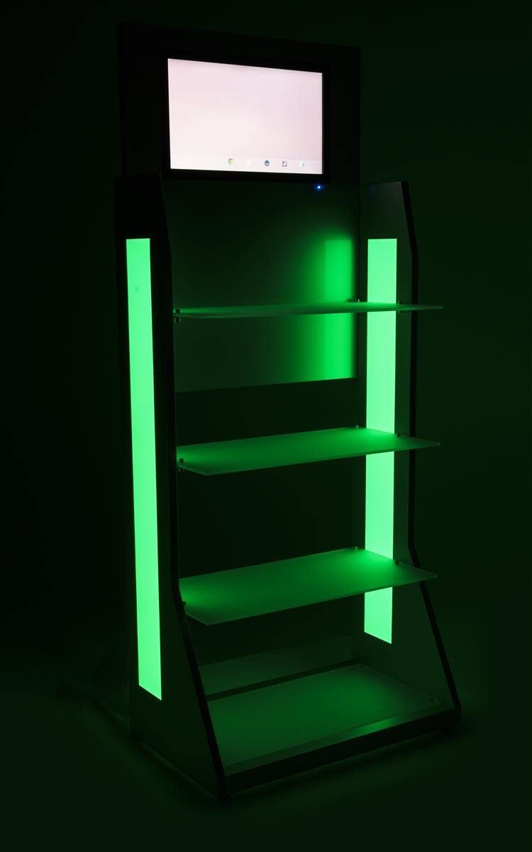 Displays2go LED Gondola with Digital Screen, Built-in Speaker, Four Shelves - Silver (SMFSDDSLED)