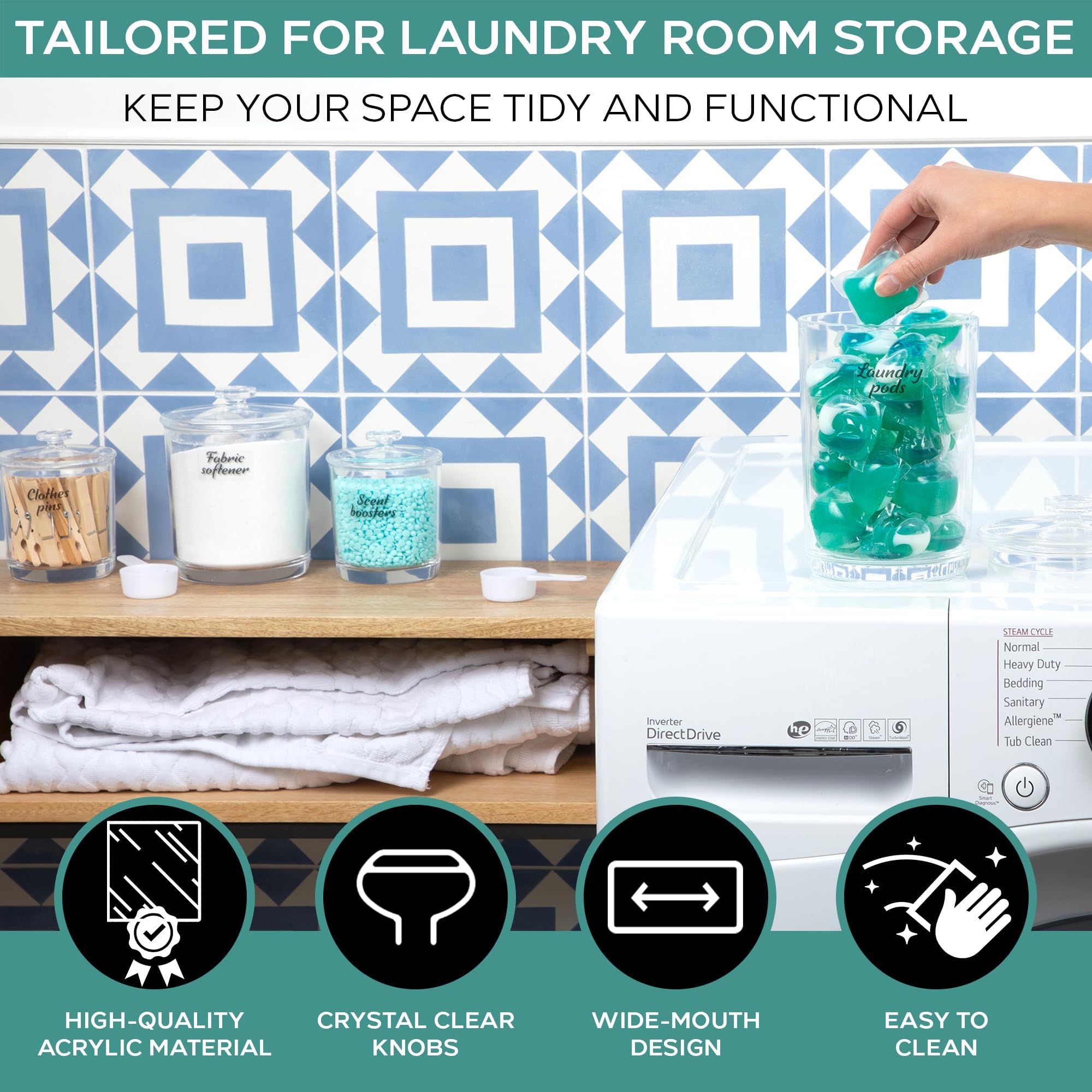 Premium Clear Acrylic Apothecary Jars with Lids for Bathroom & Laundry Room - Multipurpose Bathroom Canisters with Scoops & Labels - Laundry Containers for Pods & Dryer Sheets - Assorted 4 Pack