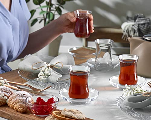 Pasabahce Premium Turkish Tea Glasses and Saucers, Set of 12, Perfect for Tea Party, Gifts, Housewarming, Weddings, Aniversary