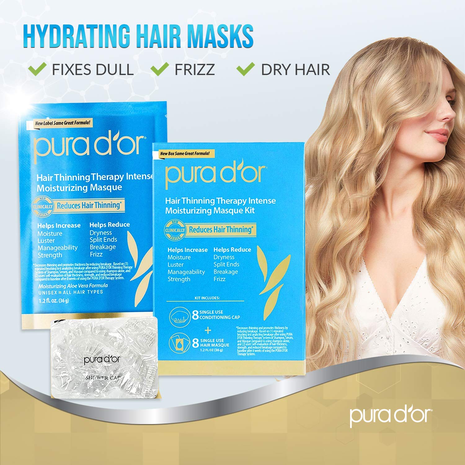 PURA D'OR Hair Thinning Therapy Intense Moisturizing Biotin Masque 1.2oz 8-Pack (9.6oz) Deeply Hydrating Treatment Hair Mask with Caffeine, Catalase for Thicker Hair, Men & Women (Packaging may vary)