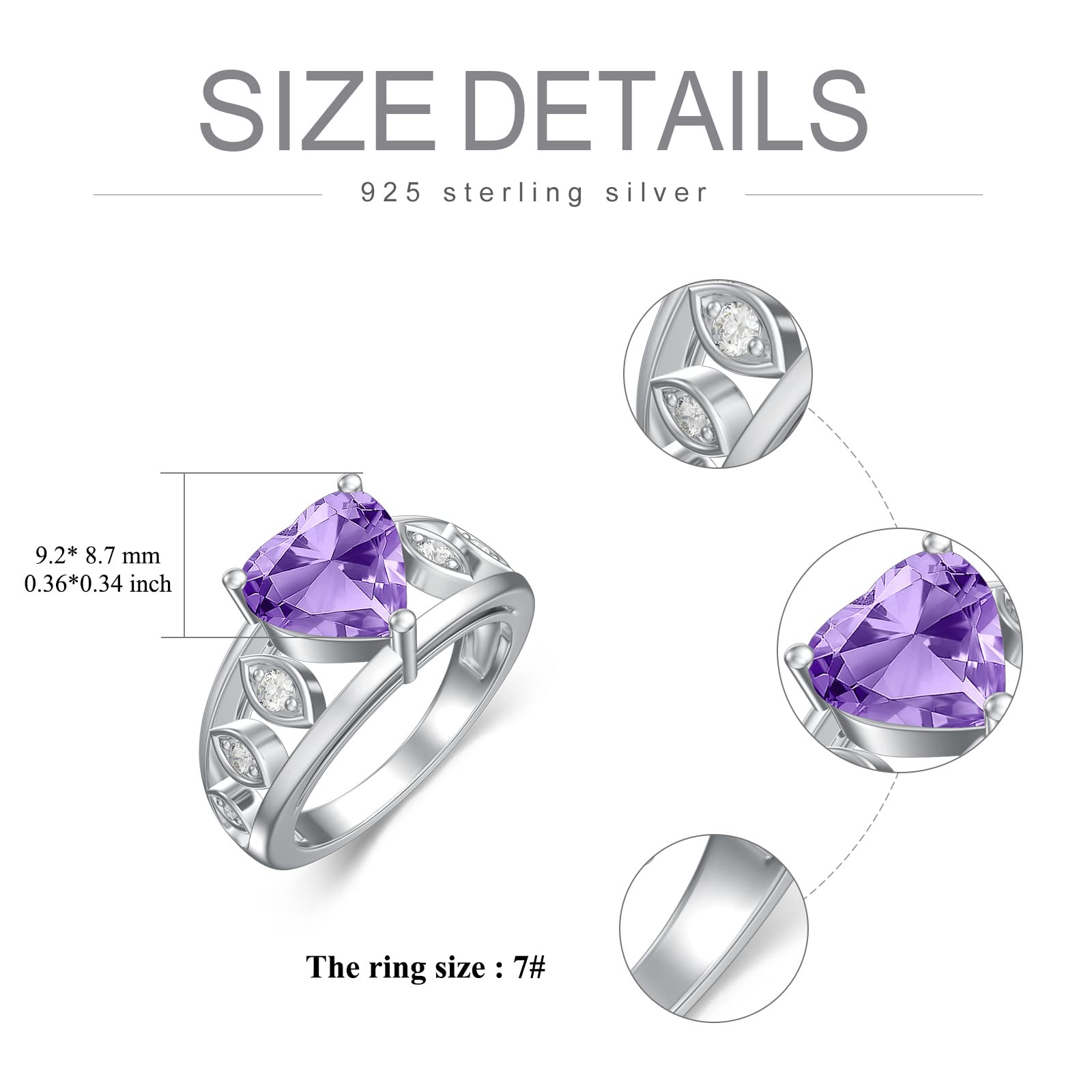 Althum 8MM Genuine Amethyst Ring for Engagement 925 Sterling Silver Heart Shaped Purple Amethyst Ring for Women (Size 6)