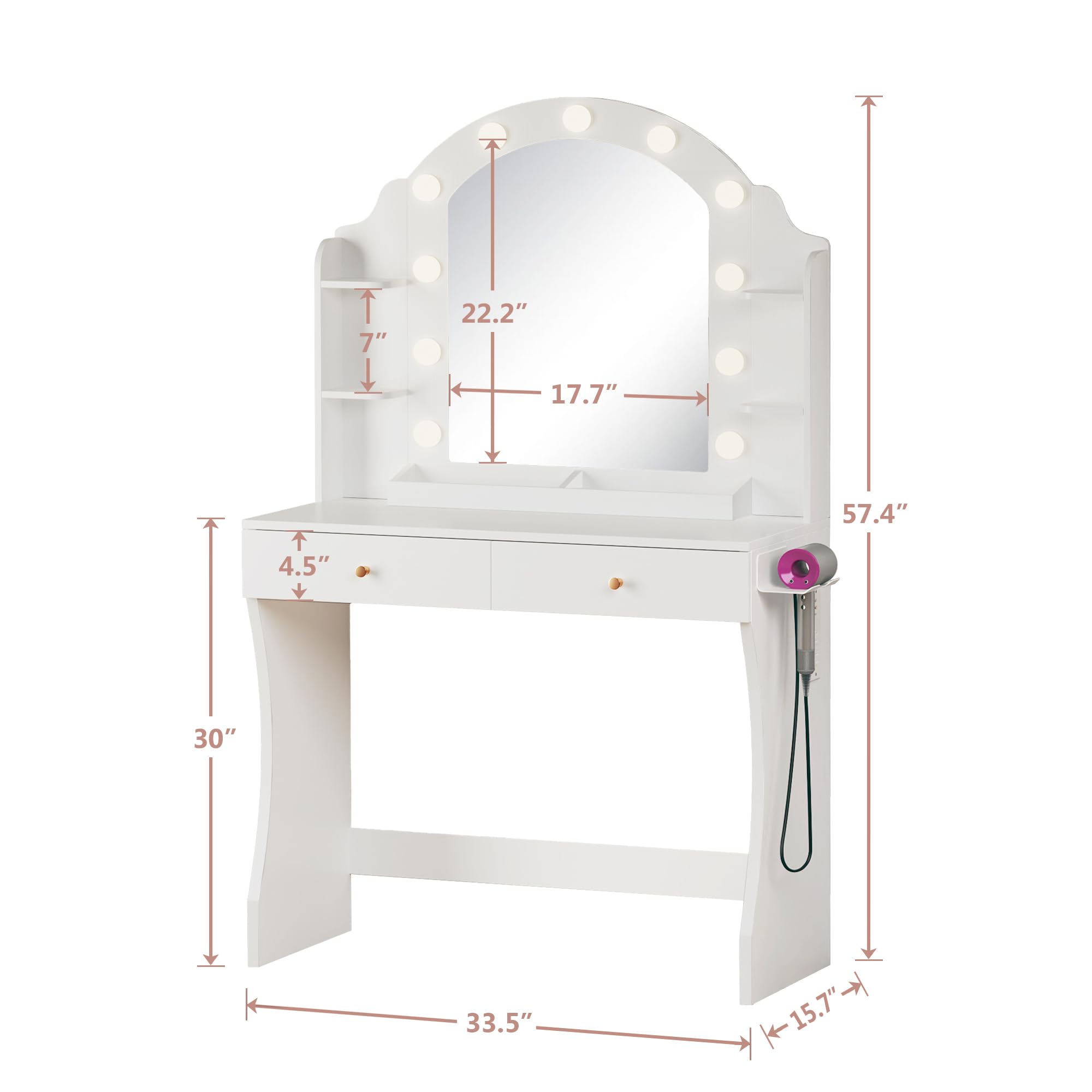 ALEXNUTRE Makeup Vanity Desk with Mirror and Lights, Vanity with Power Outlet, 3 Lighting Color Adjustable for Bedroom, Large Drawers and Storage Shelves, White