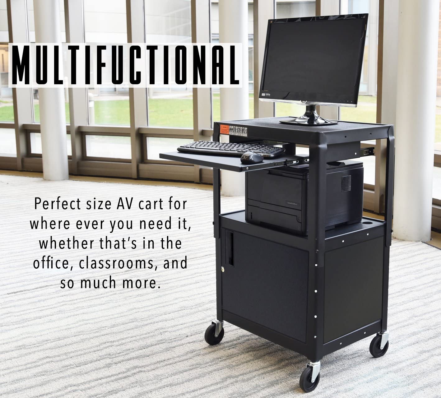 Line Leader AV Cart with Locking Cabinet | Height Adjustable Utility Cart with Extra Storage | Power Strip and Cord Management | Great for Presentations (Black / 24 x 18)