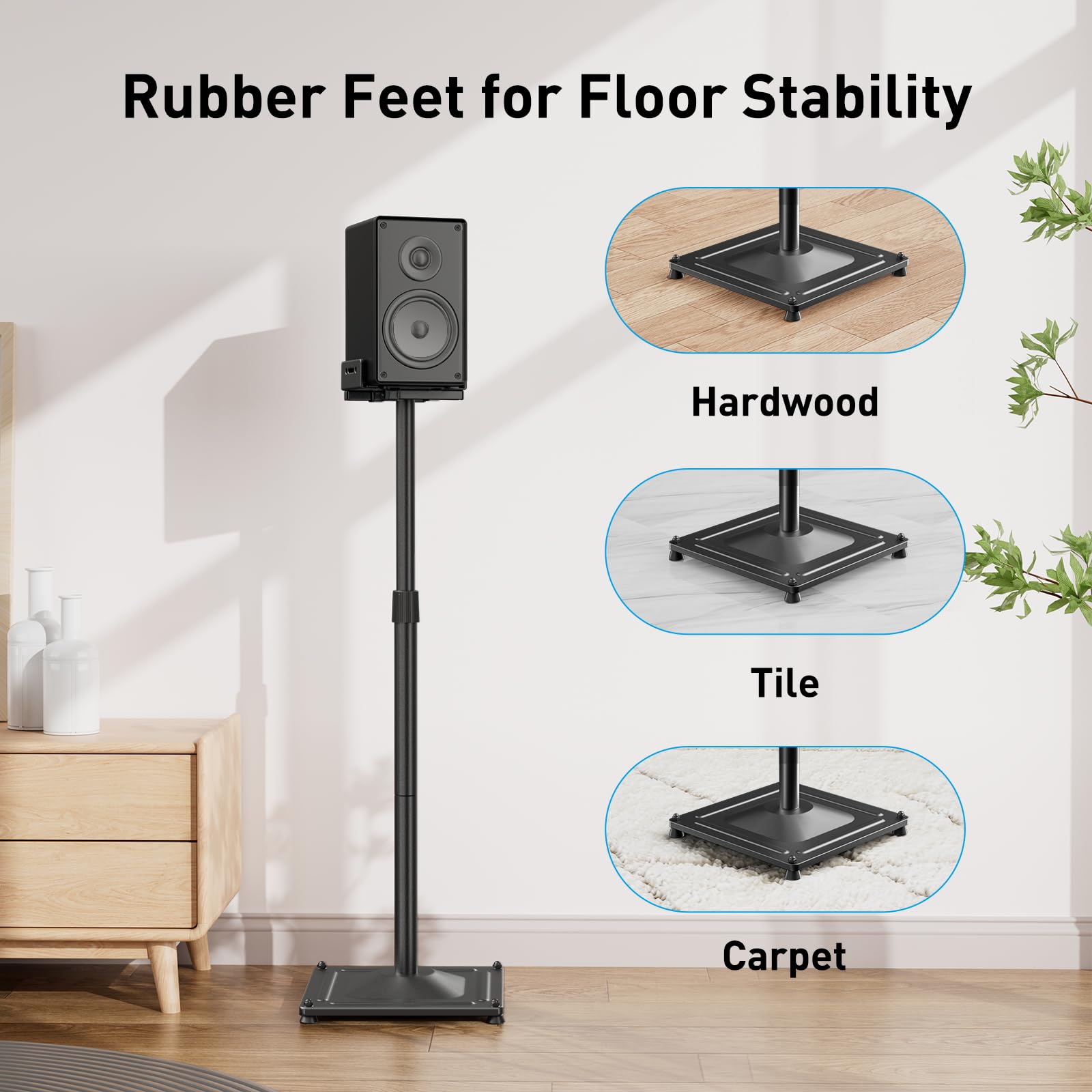 PERLESMITH Universal Speaker Stands for Surround Sound, Holds up to 11LBS, Floor Speaker Stand Height Adjustable Extend 33.3” to 45.1” for Satellite Speakers & Bookshelf Speakers -1 Pair PSSS2 Black