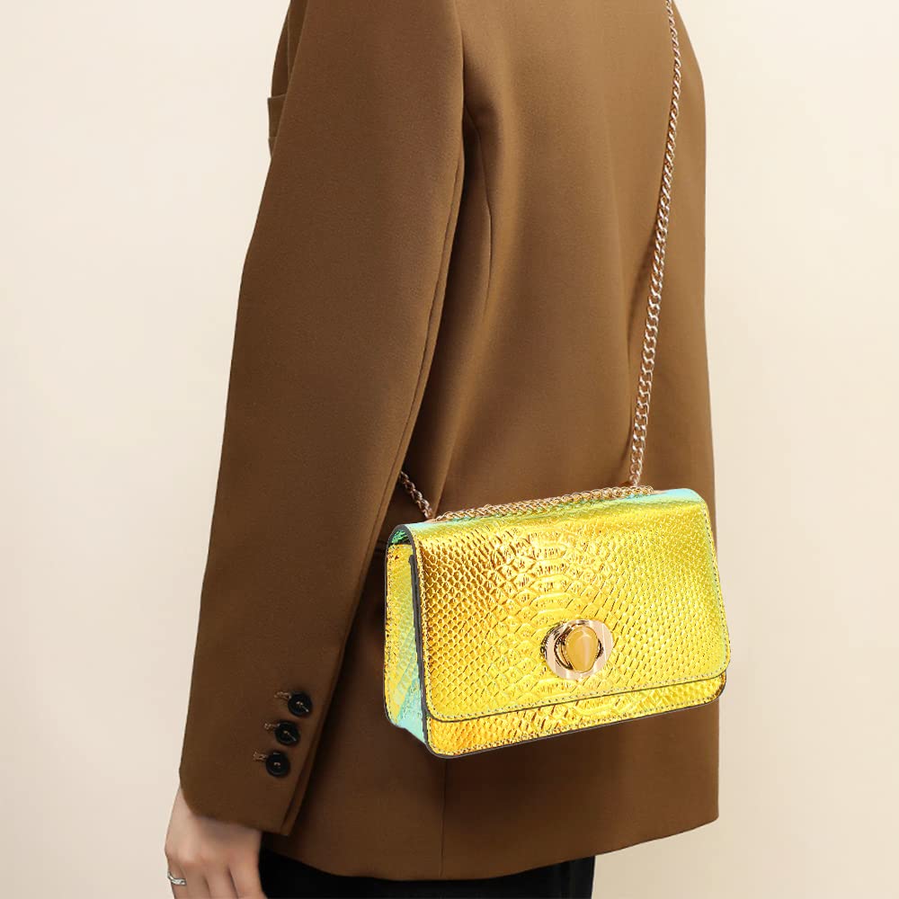 Gabrine Womens Evening Bag Holographic Snake Skin Leather Shoulder Bag Crossbody Bag with Detachable Chain, Yellow