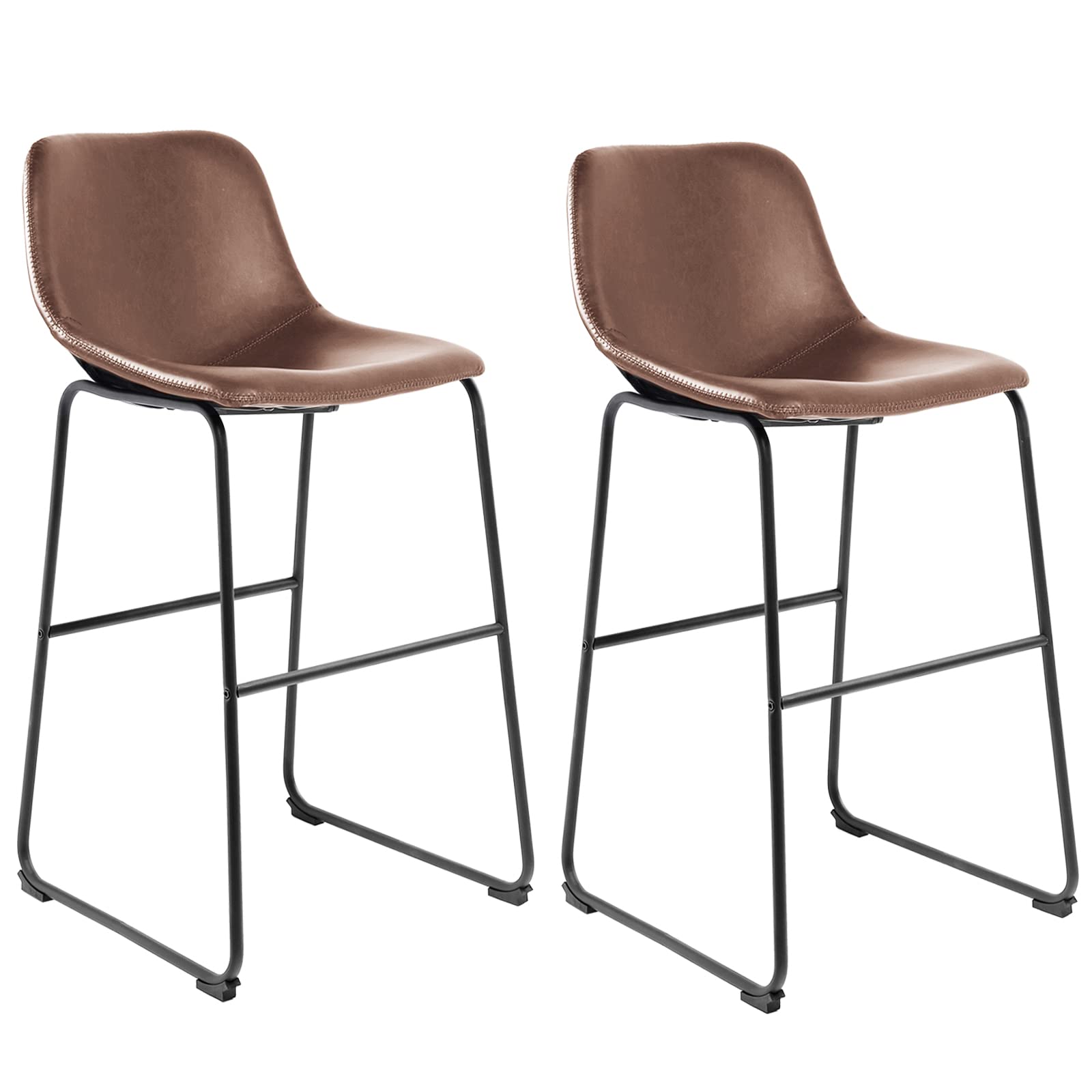 5Rcom PU Leather Bar Stools, Set of 2, Tall Bar stools with Back and Footrest, Modern Upholstered Bar Height Stools with Black Metal Legs, 30-inch Seat Height Chairs for Kitchen Home Office Pub, Brown