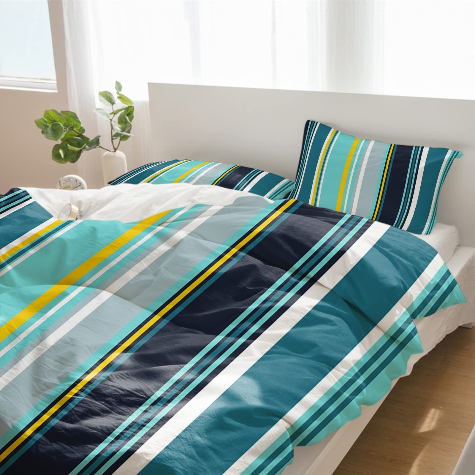 Duvet Cover Set 3 Pieces Queen Bedding Sets Teal Navy Gradient Stripe Abstract Geometric Luxury Comforter Cover with Pillowcases Microfiber Bedroom Quilt Covers-Zipper Closure Vertical Ombre Lines